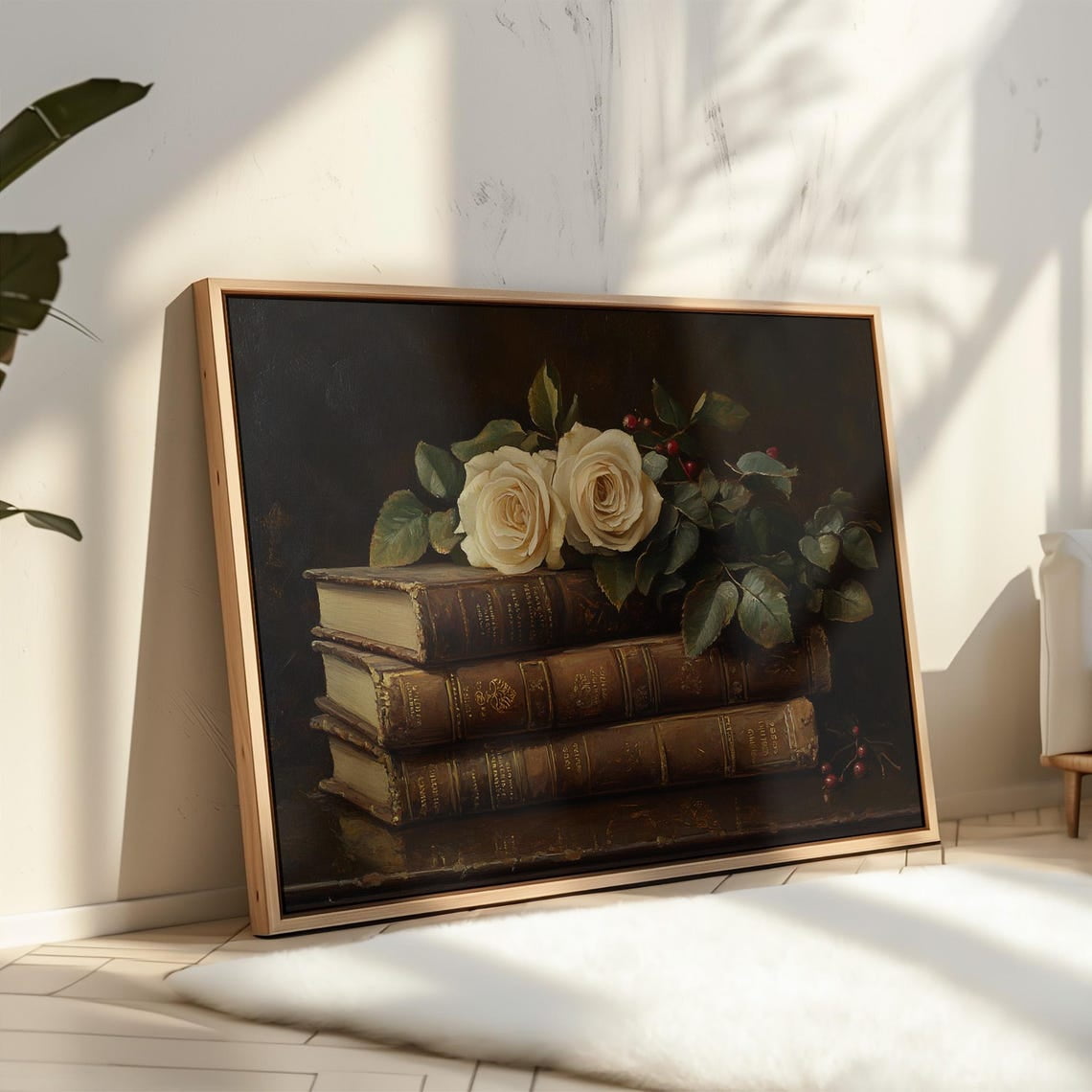 Antique Books And Roses Still Life, Elegant Vintage Library Wall Art ...