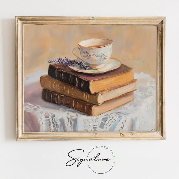 Antique Books With Teacup And Lace, Vintage, Cottagecore Home Wall Art ...