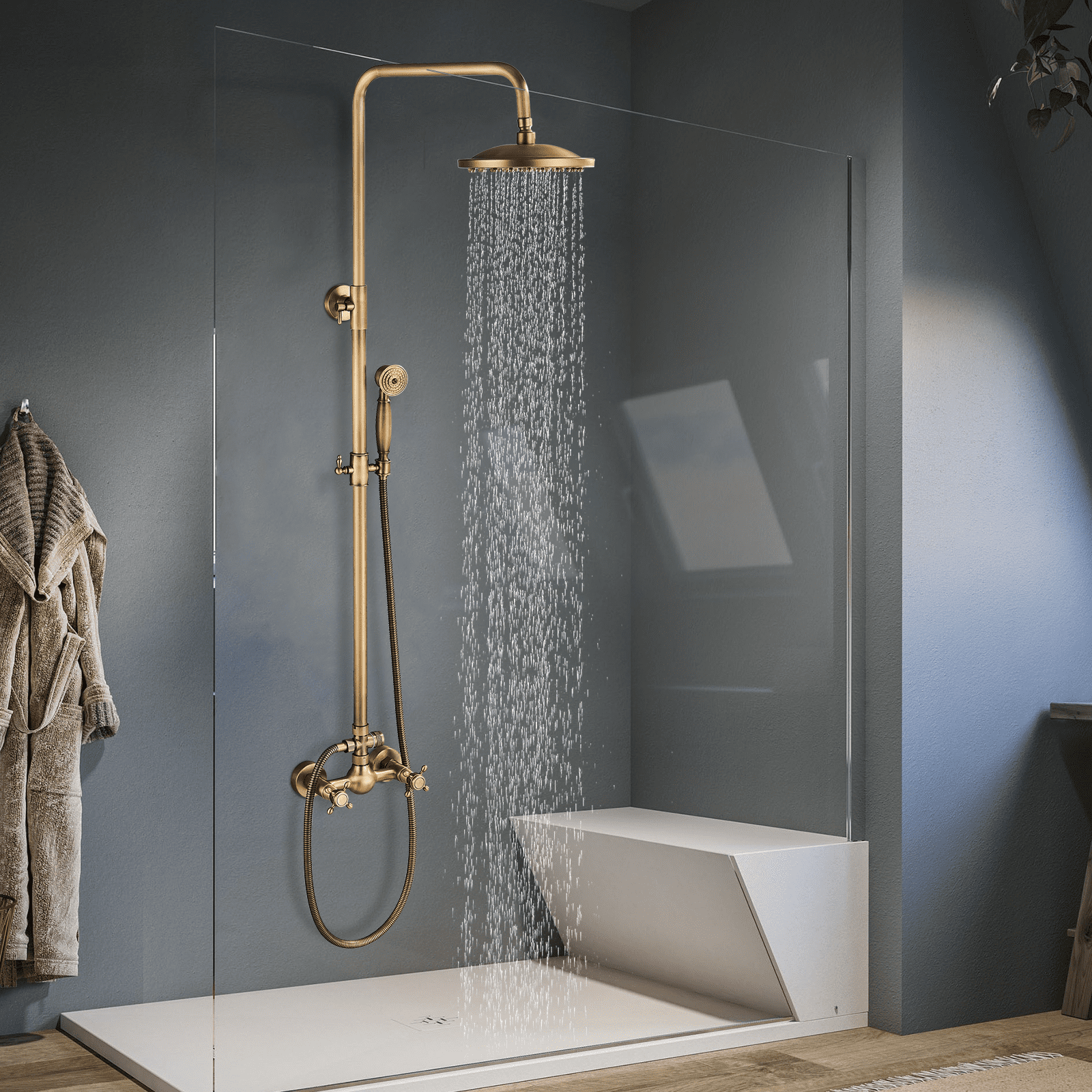 Antique Brass Bathroom Shower 8 inch Rainfall Shower Head Sets Vintage 2 Cross Knobs Fixture ...