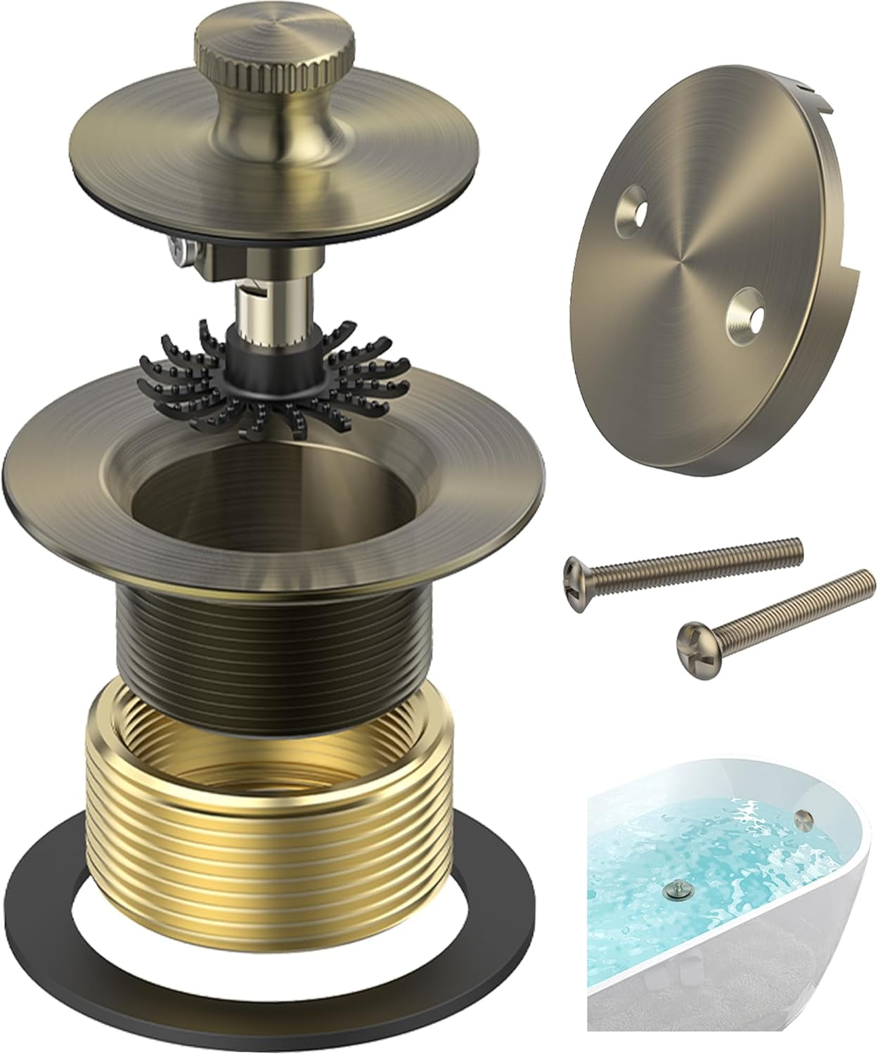 Antique Brass Bathtub Drain, Hair Catcher and 2-Hole Overflow Faceplate ...