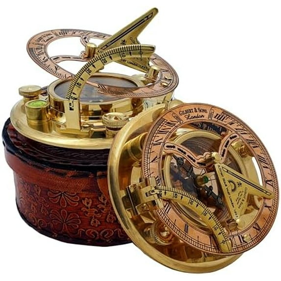 Antique Brass & Copper Sundial Compass, Sundial Clock in Leather Box ...