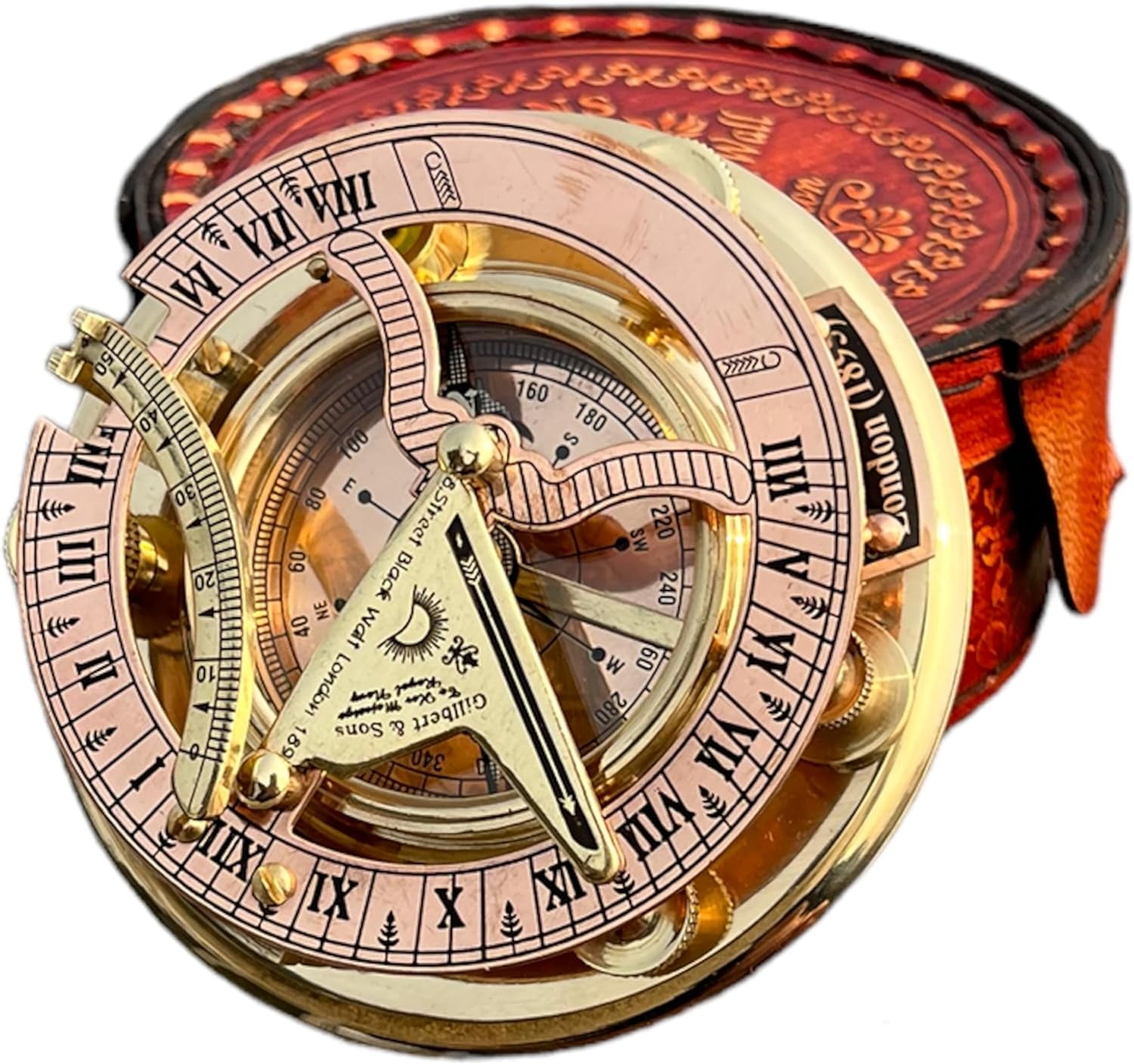 Antique Brass & Copper Sundial Compass, Sundial Clock in Leather Box ...