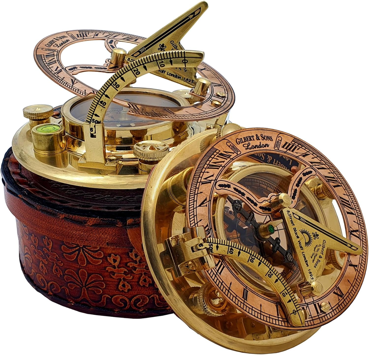 Antique Brass & Copper Sundial Compass, Sundial Clock in Leather Box ...