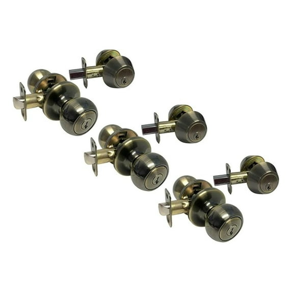 Antique Brass Entry Entrance Round Knob with Matching Double Cylinder ...