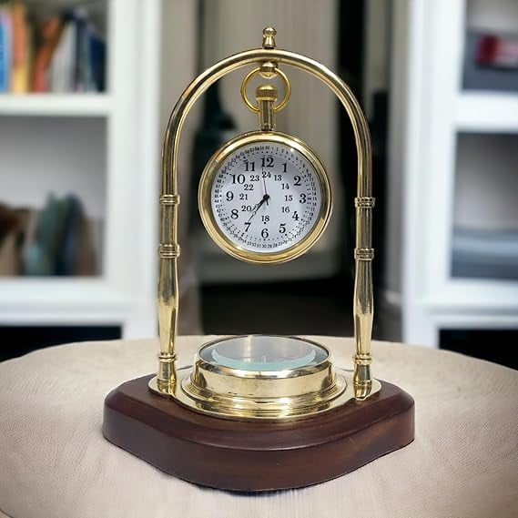 Antique Brass Hanging Table Clock Wooden Compass Base Watch - Silent ...