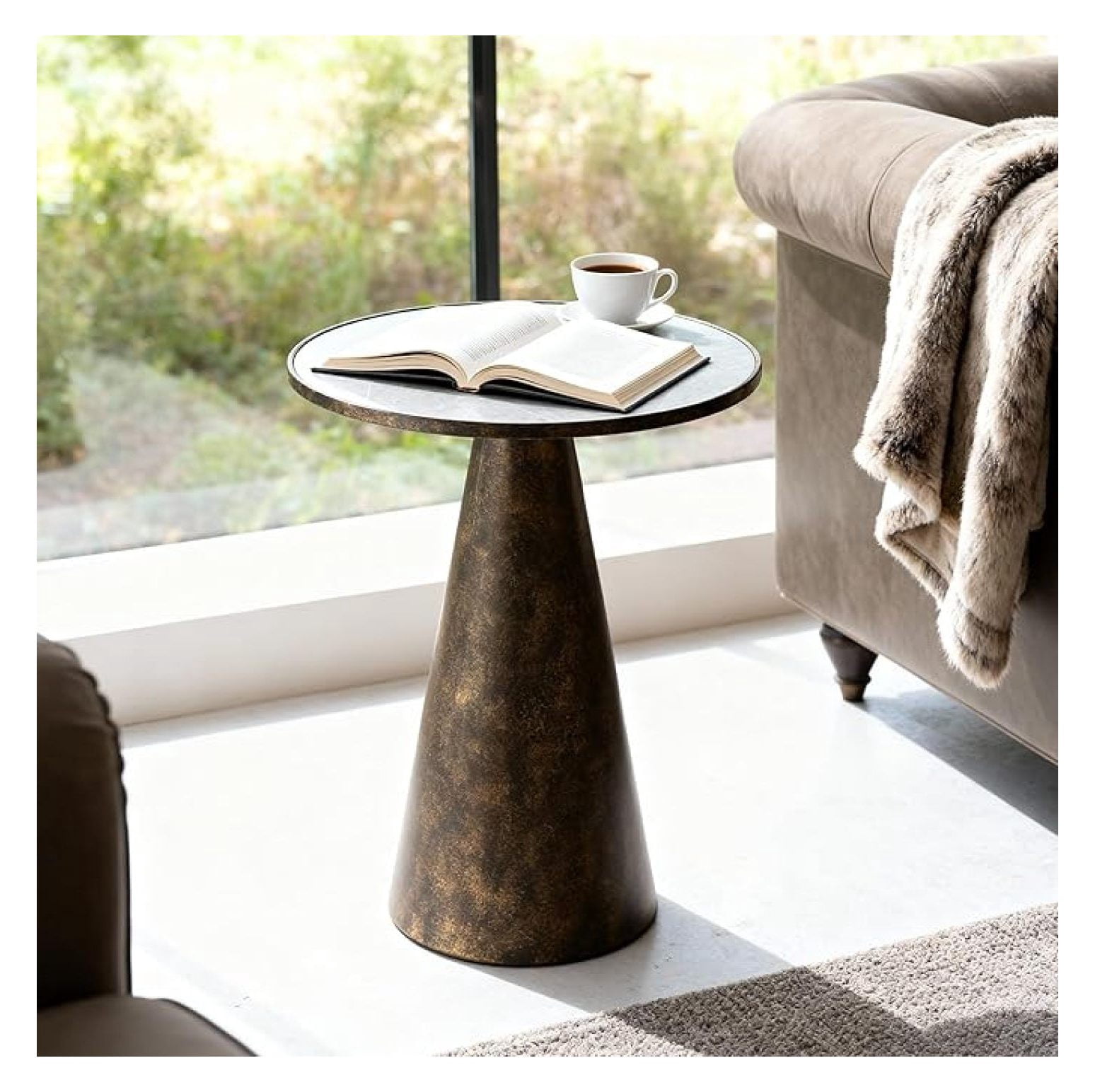 Antique Brass Pedestal End Table with White Marble Top, 16x16x23 Round ...