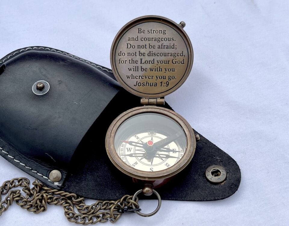 Antique Brass Pocket Compass, Be Strong Courageous Engraved Compass ...