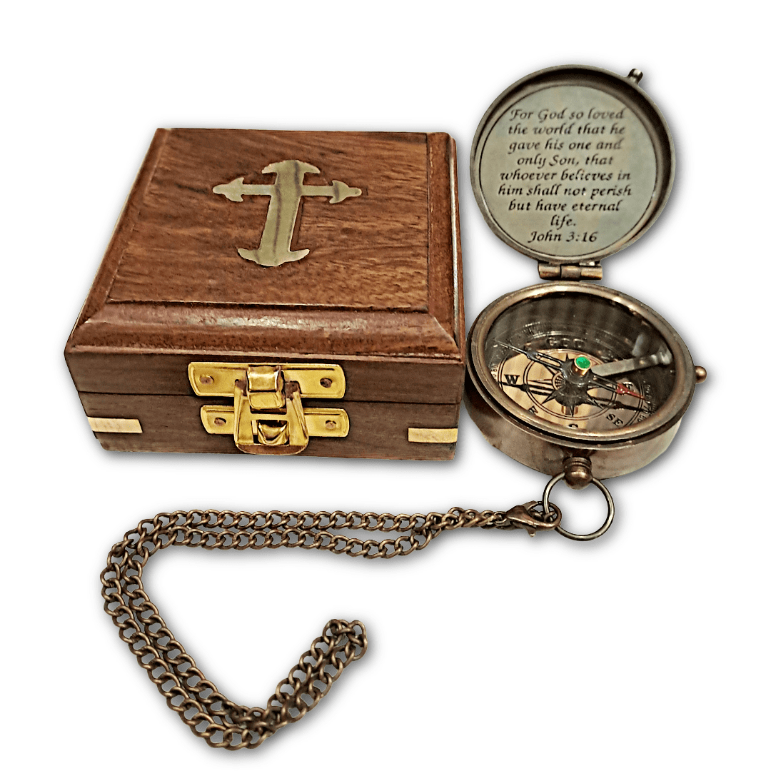 Antique Brass Pocket Compass with John 3:16 Bible Verse Engraved in ...
