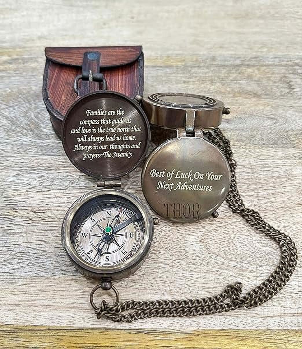 Antique Brass Pocket Compass with Leather Case Compass for Camping, Hiking Gift for Men, Him ...