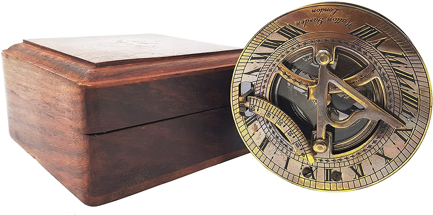 Antique Brass Sundial Compass Marine Boat Gift Pocket Sun Dial in Box ...