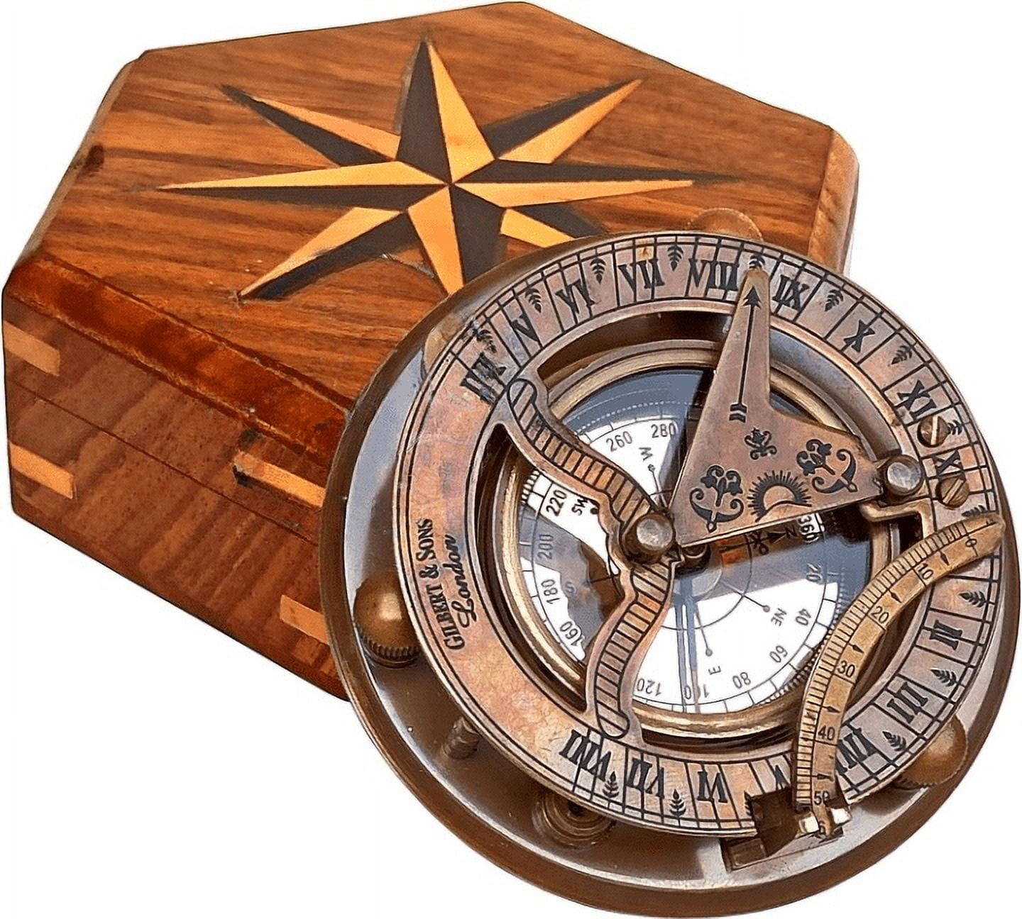 Antique Brass Sundial Compass with Wooden Box and Chart | Working ...