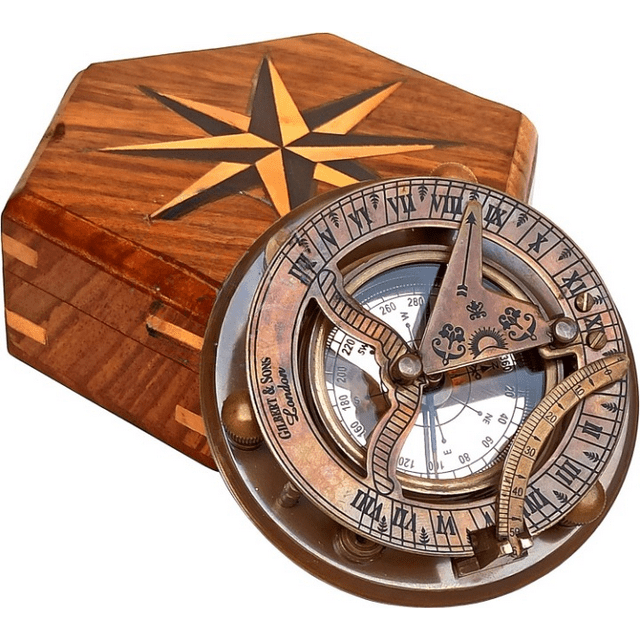 Antique Brass Sundial Compass with Wooden Box and Chart | Working ...