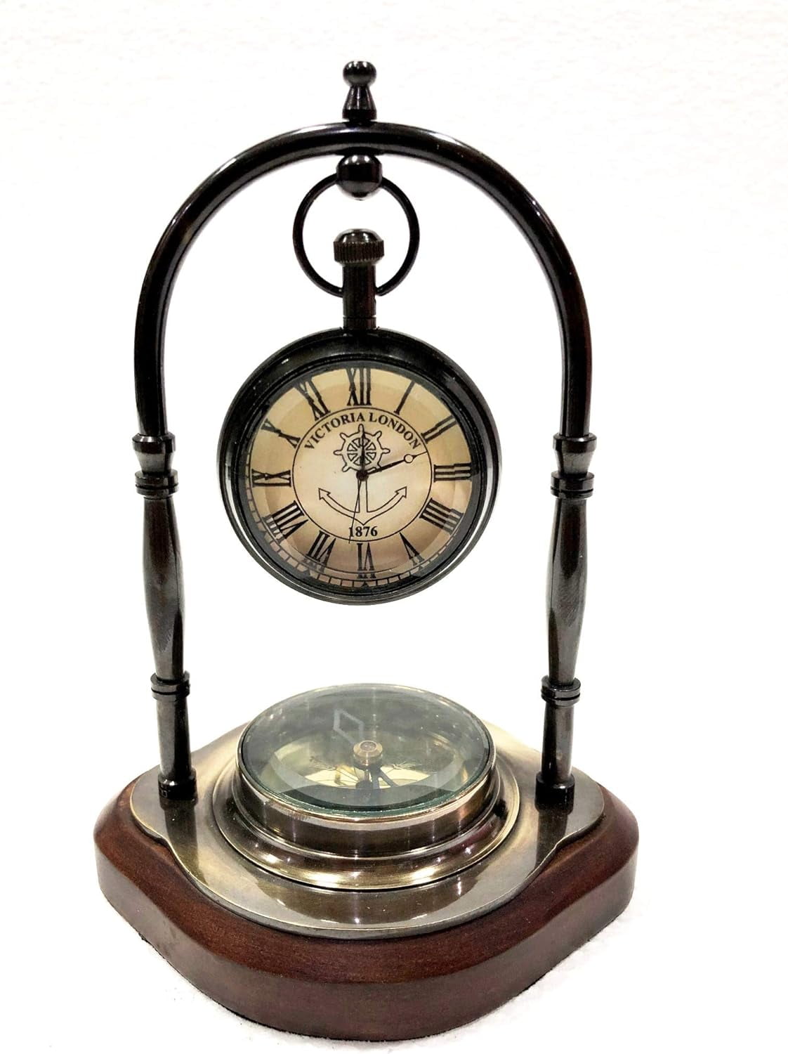 Antique Brass Table Clock Compass Style Nautical Maritime Ship Desk ...