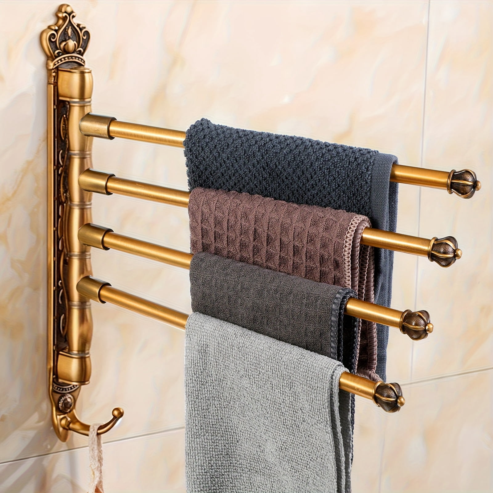 Antique Bronze Aluminum Towel Bar with Hooks - Swivel Towel Rack ...