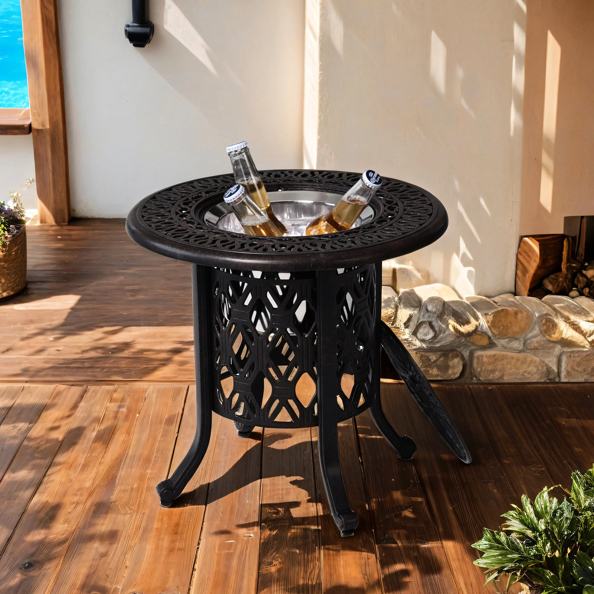 Antique Bronze Cast Aluminum Ice Bucket And Side Table - 20.02 In ...