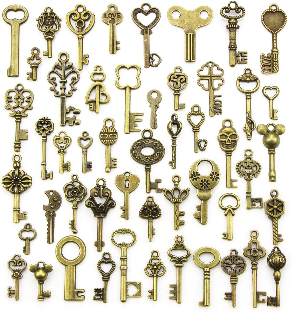 Antique Bronze Keys Charm Set - 50 Random Shapes for DIY Jewelry ...