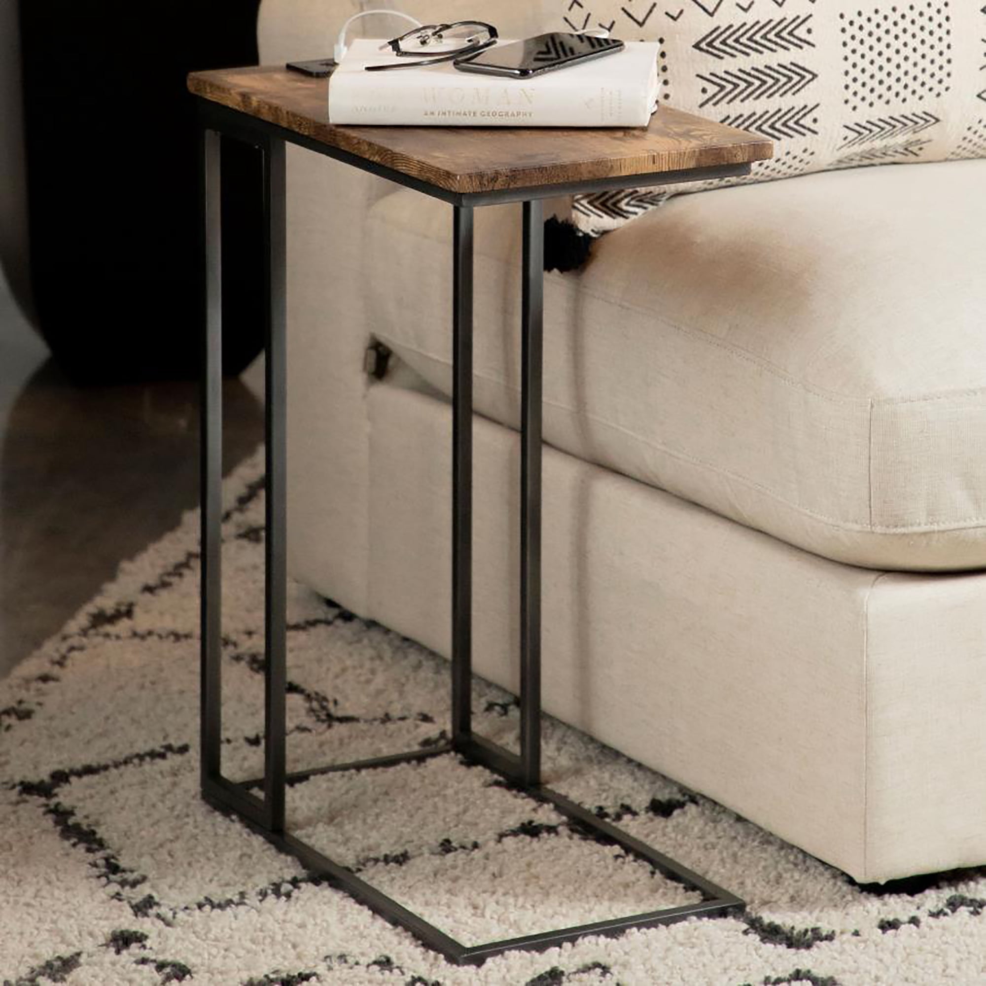 Antique Brown C-Shape Snack Table with Power Outlet - Slide-Over Lap ...