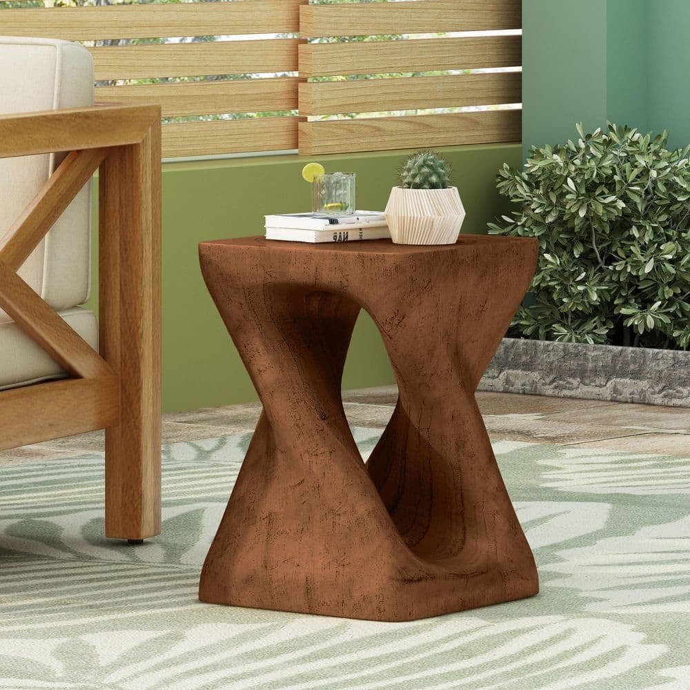 Antique Brown Square Top MGO Concrete Outdoor Side Table with Twist ...