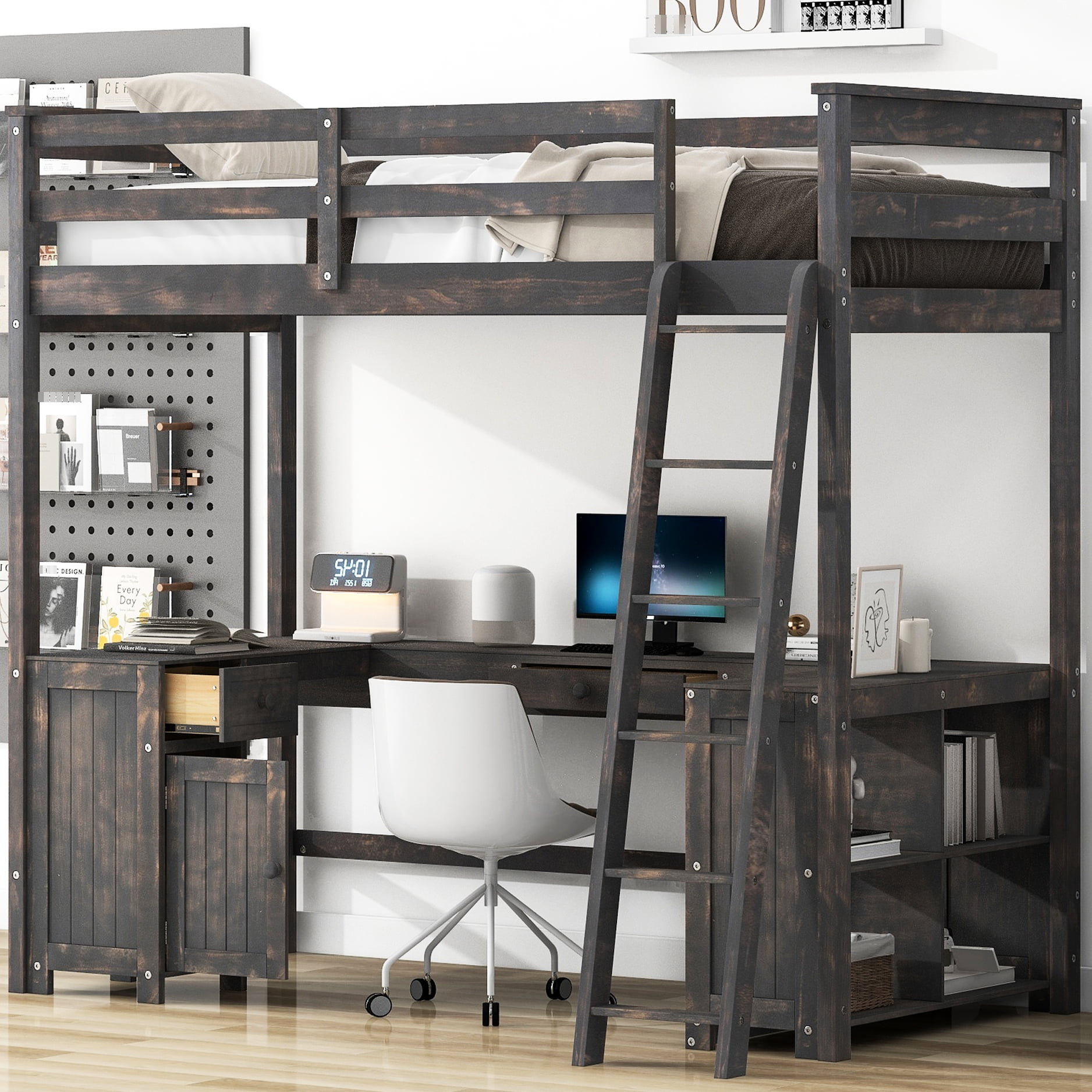 Antique Brown Twin Loft Bed With U-shaped Desk, Shelf Storage And ...
