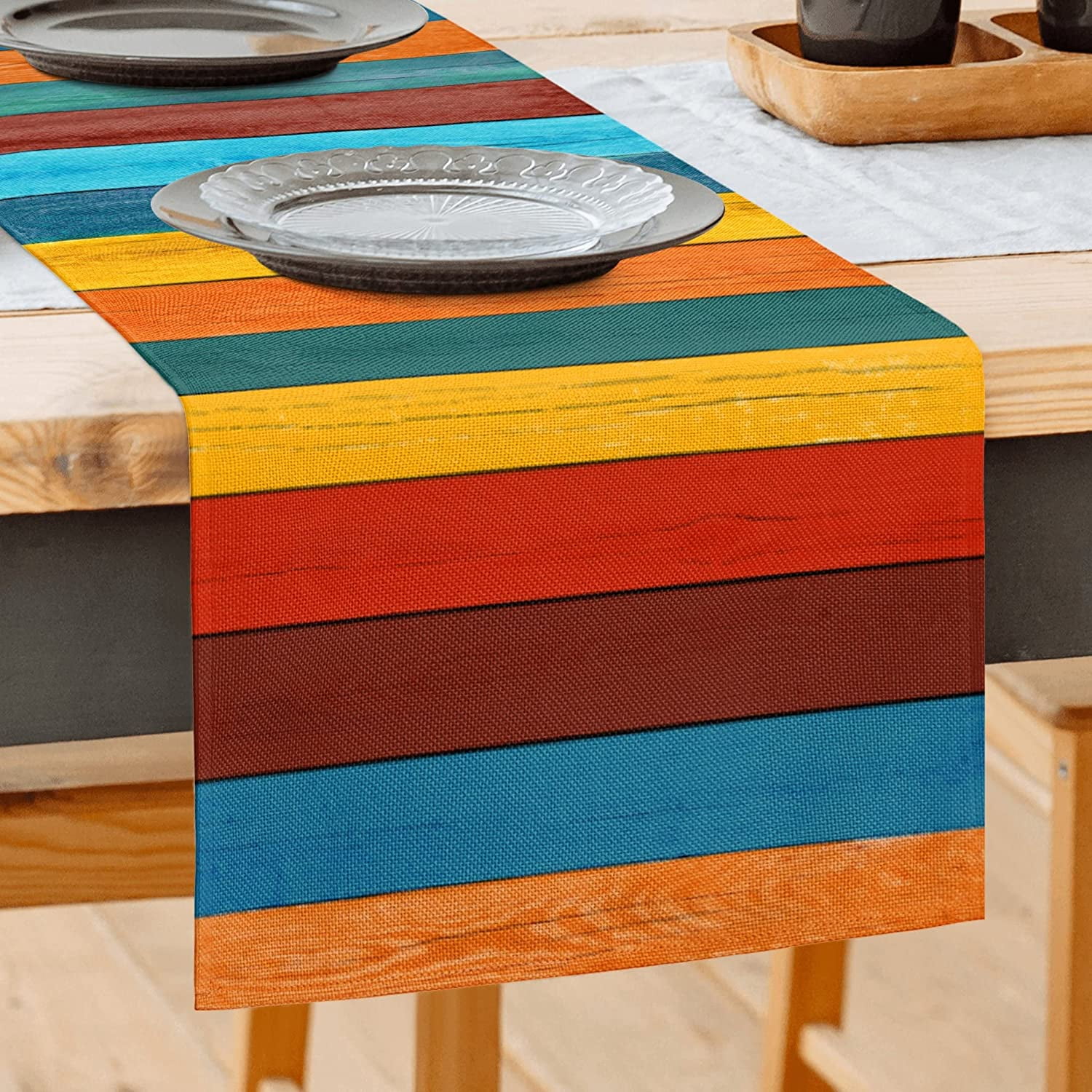 Antique Brown Wood Plank Linen Stain Resistant Table Runner for Cafe ...