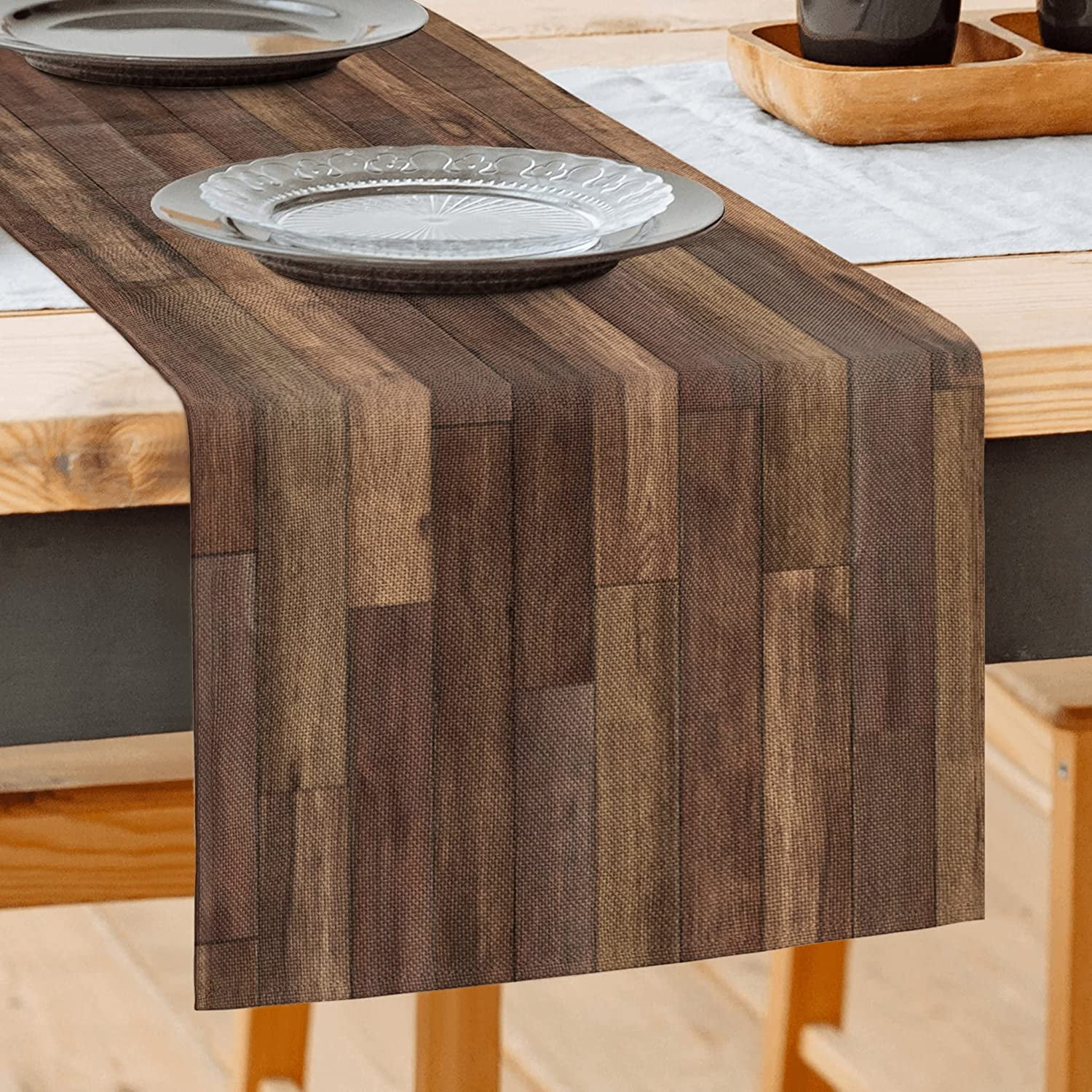 Antique Brown Wood Plank Linen Stain Resistant Table Runner for Cafe ...