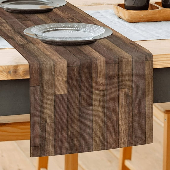 Antique Brown Wood Plank Linen Stain Resistant Table Runner for Cafe ...