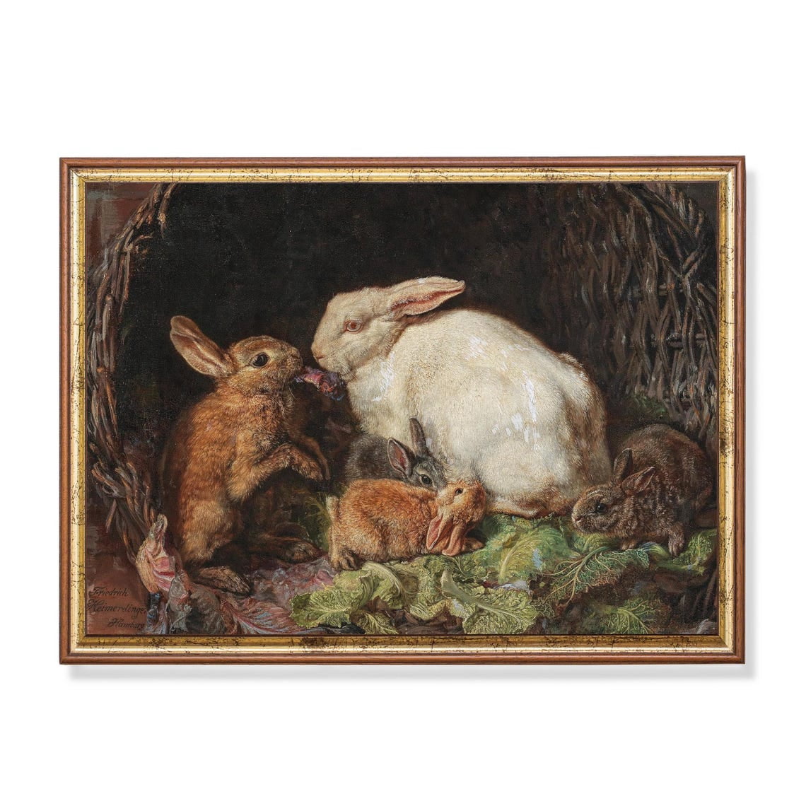 Antique Bunny Poster Mother and Baby Rabbits in Basket Unframed Paper ...