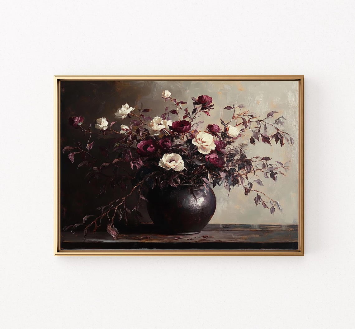 Antique Burgundy Still Life Moody Vintage Farmhouse Floral Wall Art Poster Modern Farmhouse ...