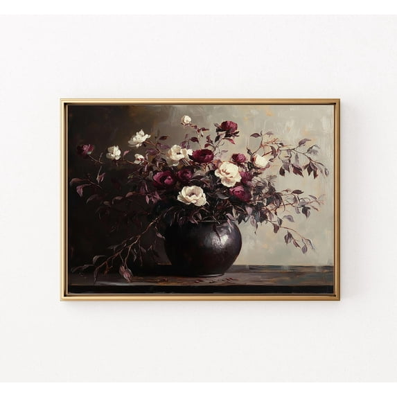 Antique Burgundy Still Life Moody Vintage Farmhouse Floral Wall Art Poster Modern Farmhouse ...