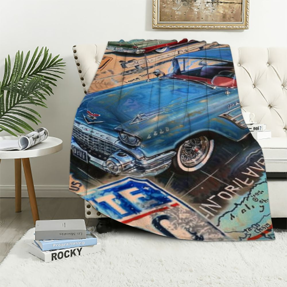 Antique Car Blanket, Old Classic Car Theme American Vintage Route 66 ...