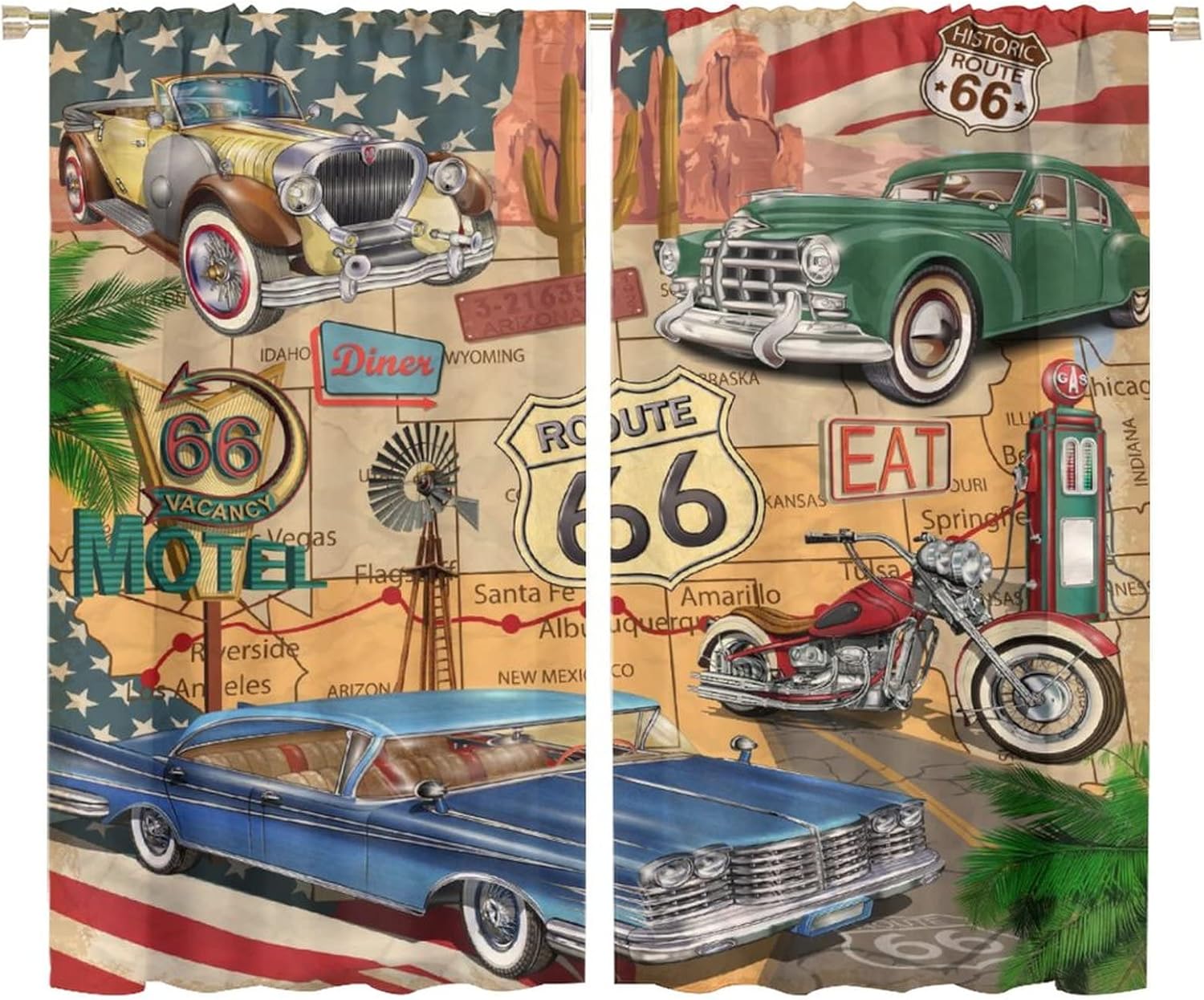 Antique Car Curtains Window, Old Classic Car Theme Vintage Route 66 ...