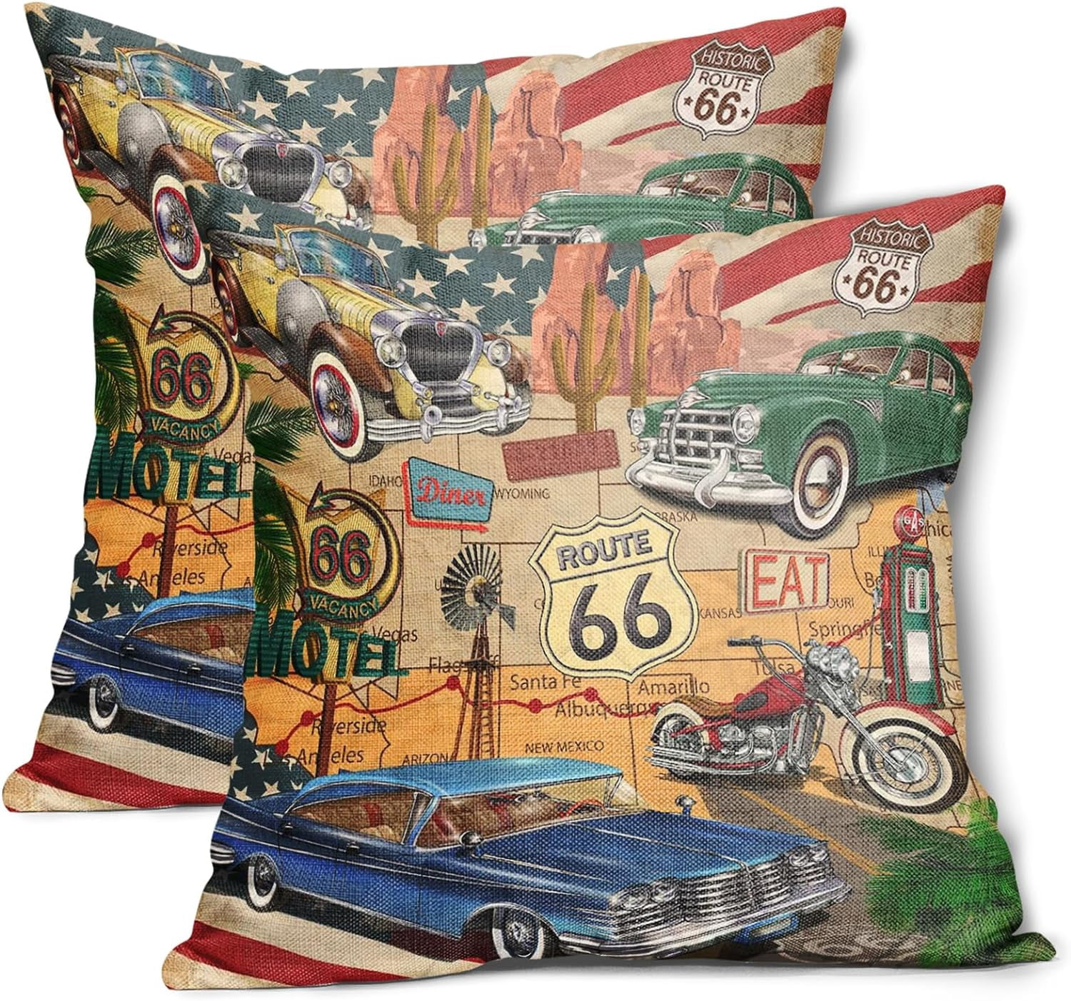 Antique Car Pillow Covers 18x18 Inch Old Classic Car Vintage Route 66 ...