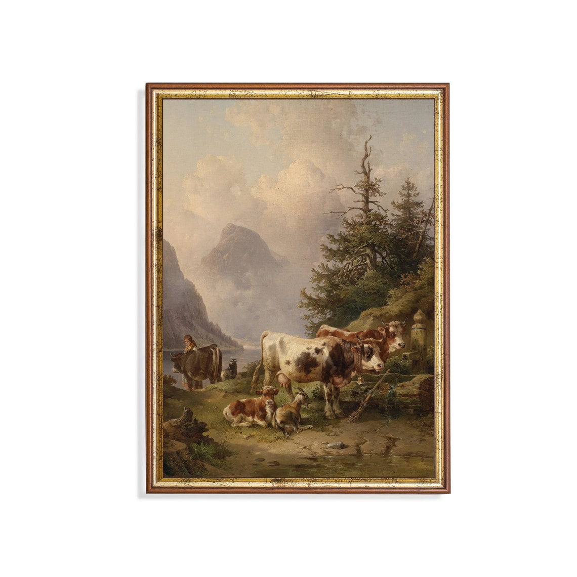 Antique Cattle Poster Rustic Mountain Landscape, Cows & Goats Home ...