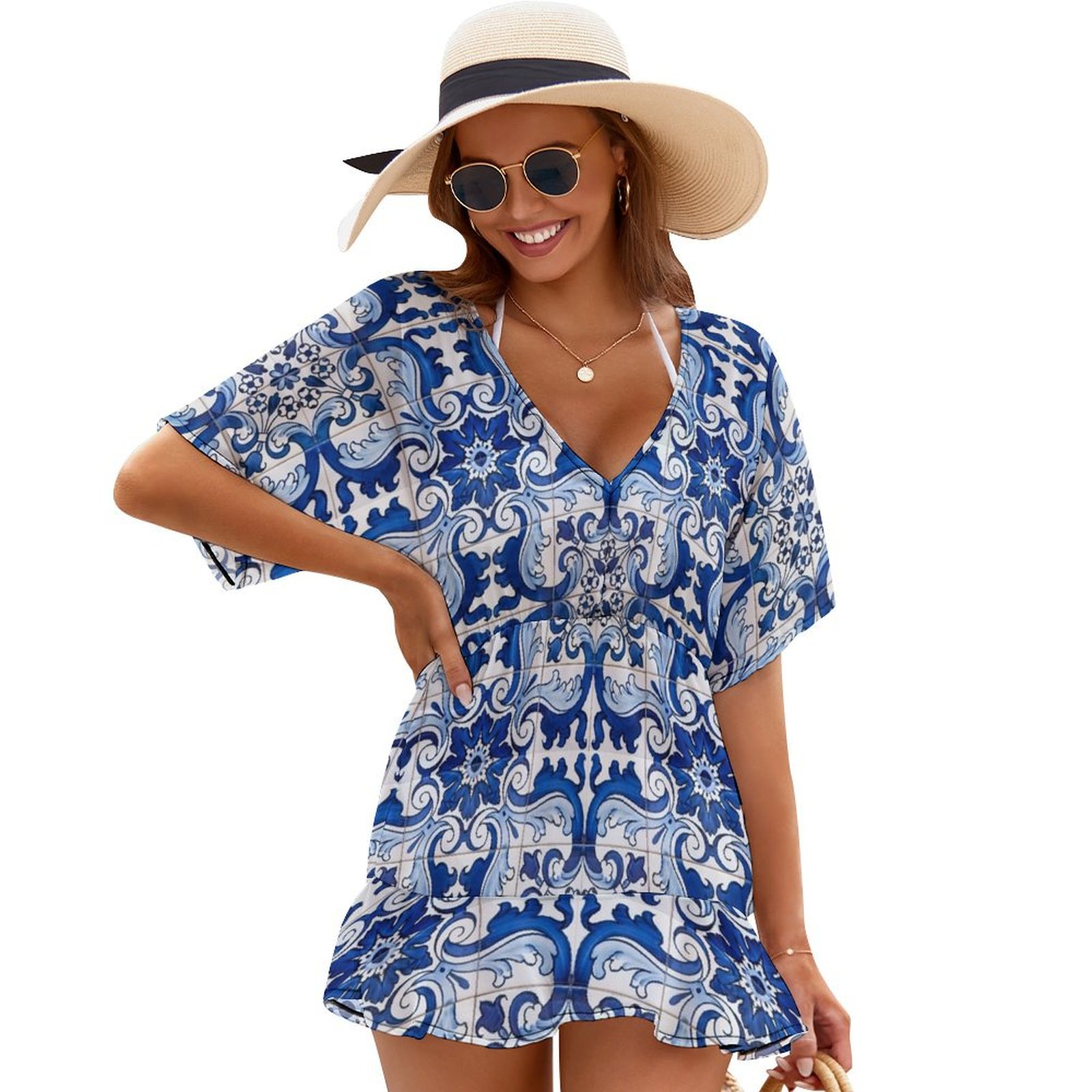 Antique Classic Lisbon Blue Azulejo Tile Floral Pattern Cover Ups party ...