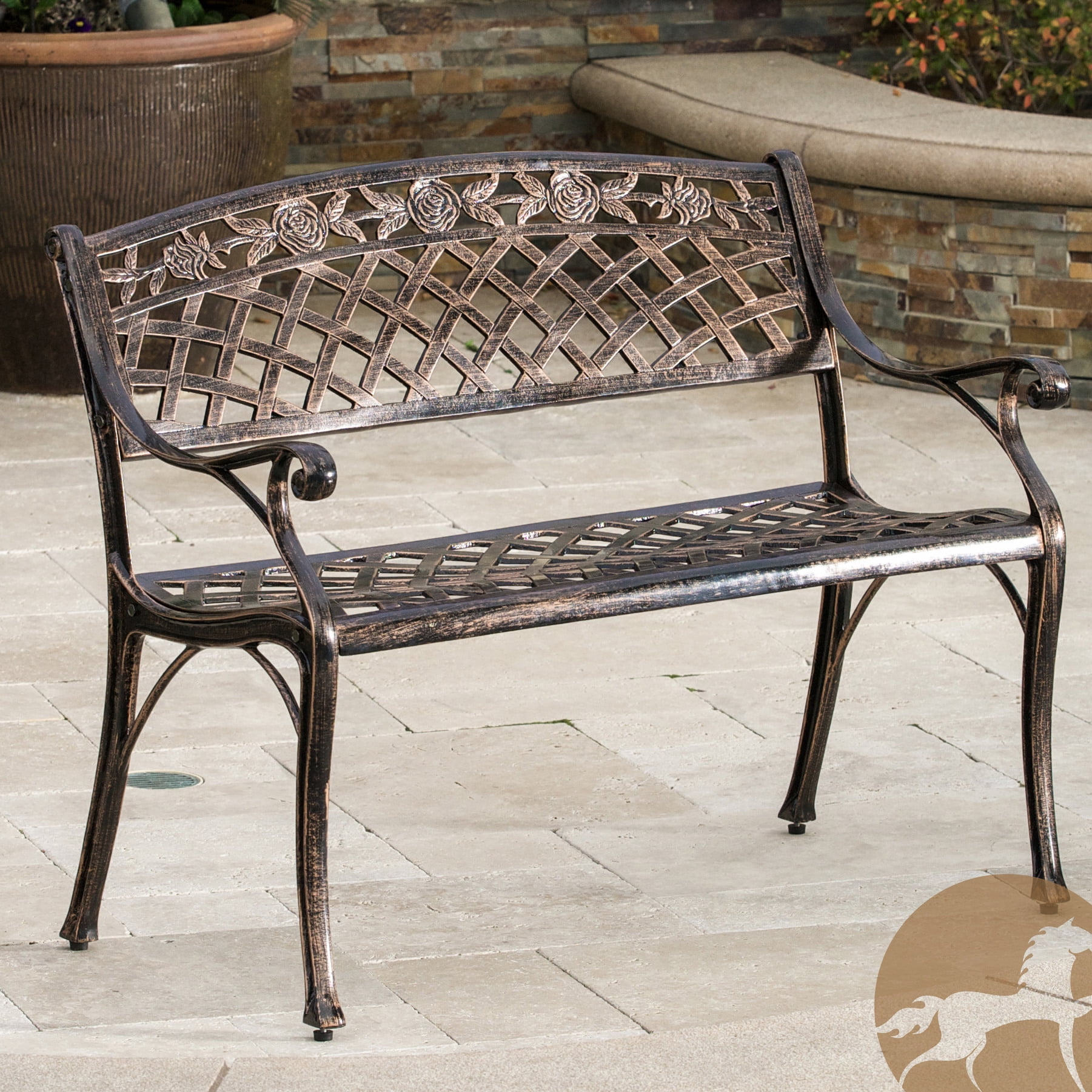 Antique Copper Cast Bench, Aluminum Structure, Meshed Pattern Seat, 41. ...