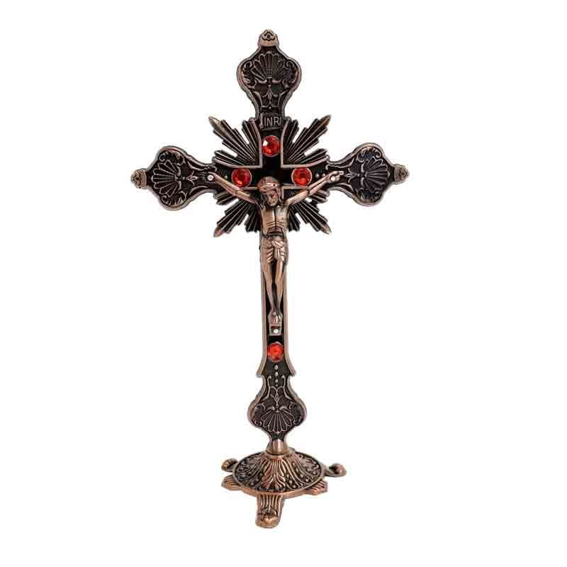 Antique Copper Finish With Red Accents Crucifix With Stand Figurine ...