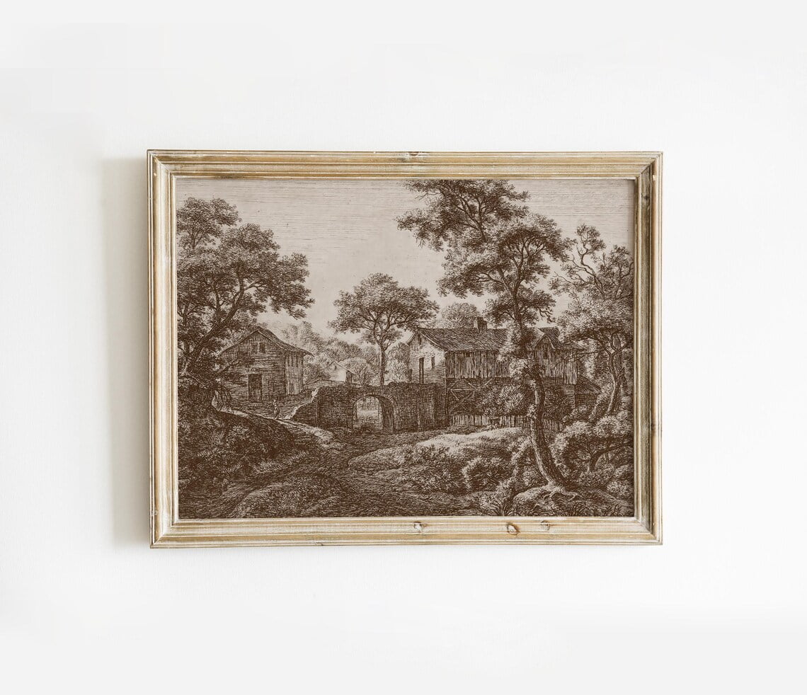 Antique Cottage Core Decor Landscape Sketch, Dark Brown Rustic European ...