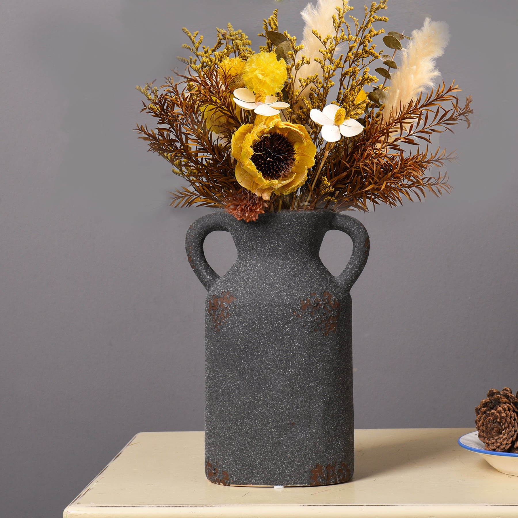 Quoowiit Rustic Flower Farmhouse Ceramic Vase,Small Black Antique ...