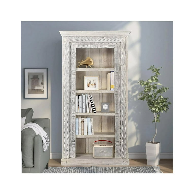 Antique Doorframe Upcycled 43 Wide Distressed White Bookcase Farmhouse Style Display Case Solid Wood Hand Carved Bookshelf 83 Tall