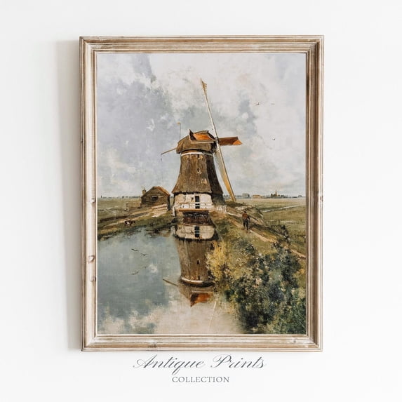 Antique Duch Windmill Wall Artcountry Landscape Lake Vintage Print ...