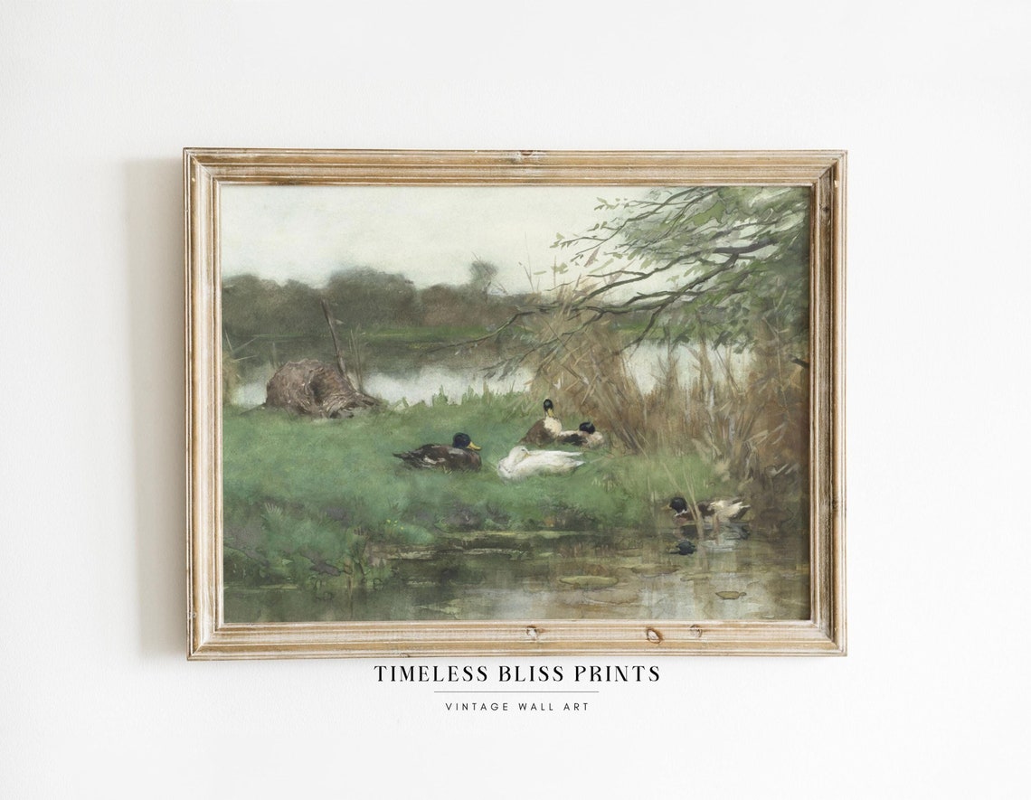 Antique Duck Pond Printable Art Neutral Landscape Vintage Lake Print ...