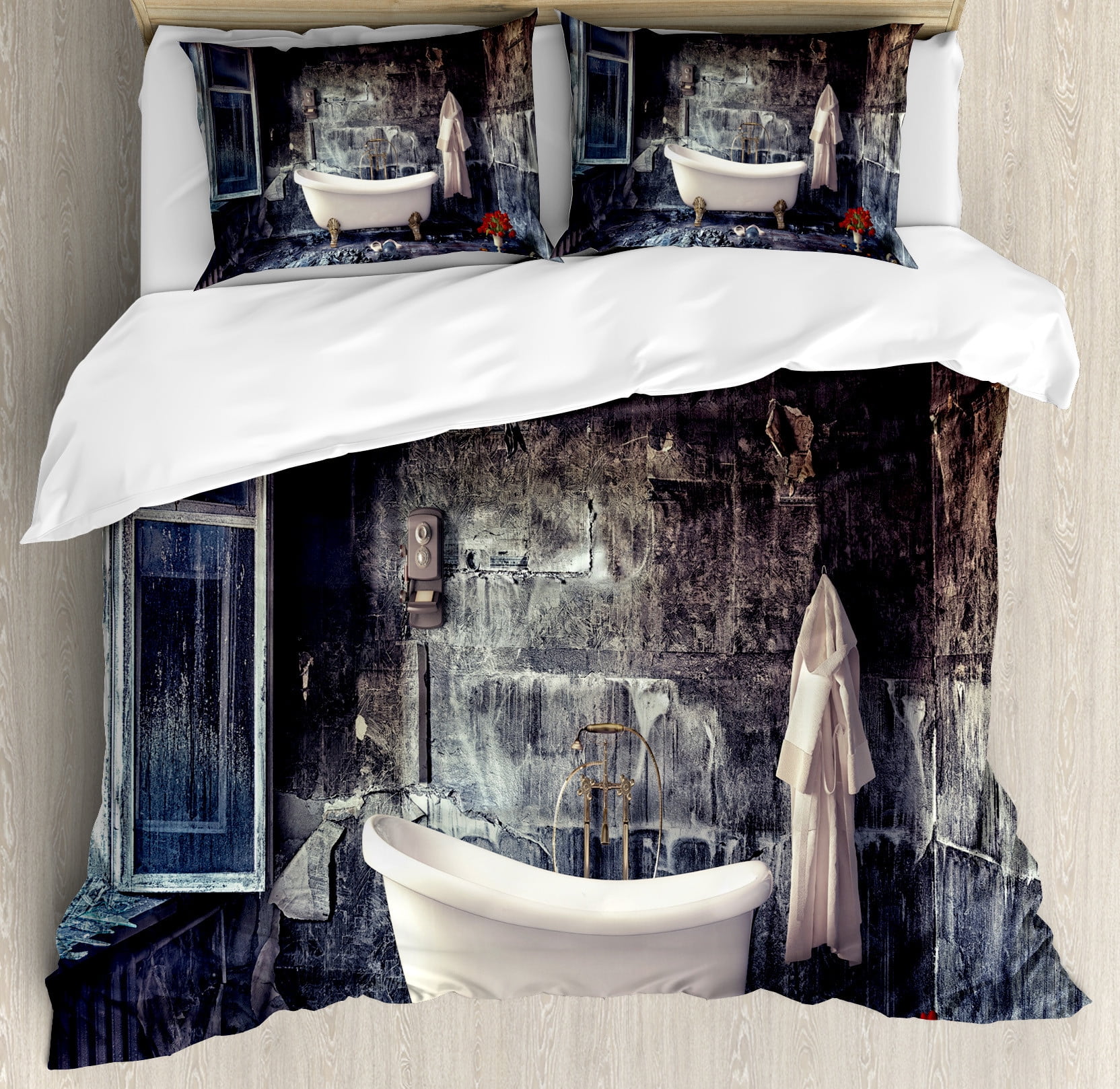 Antique Duvet Cover Set, Bathtub in Old Room Bathroom Fresh Flower ...