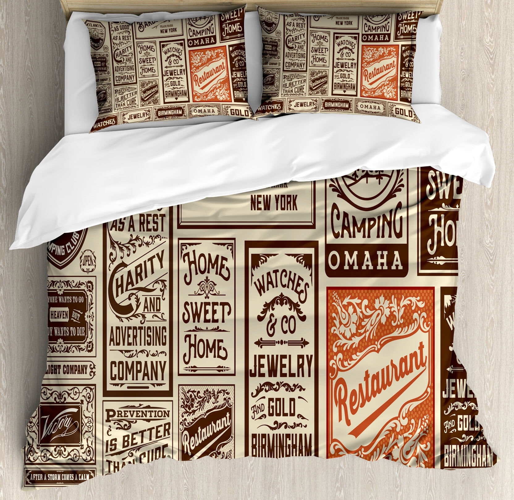 Antique Duvet Cover Set, Composition of Old Advertisement Designs ...