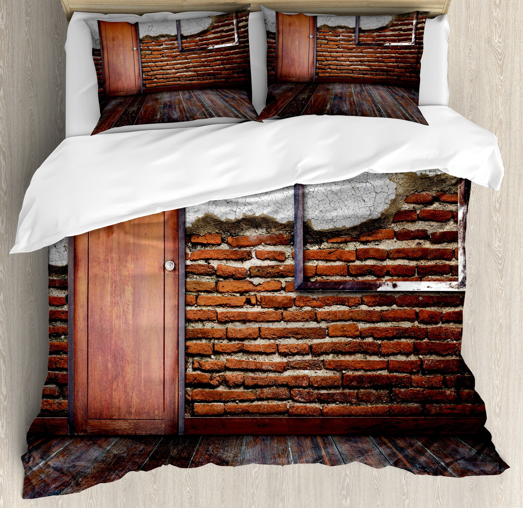 Antique Duvet Cover Set, Picture Frame on Damaged Brick Wall Aged Old ...