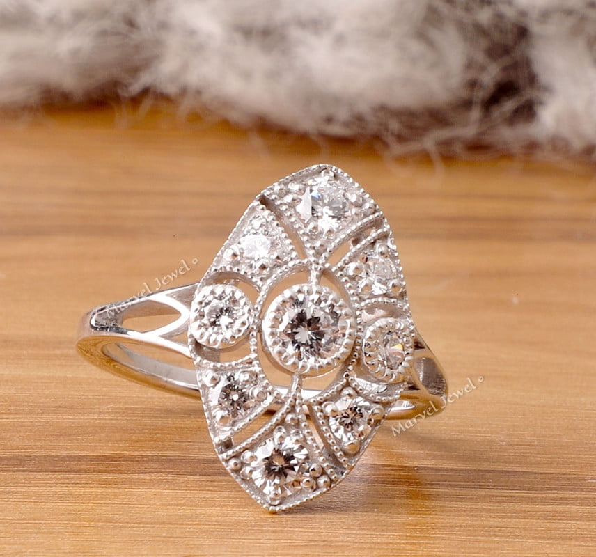 Antique Elongated Dinner Ring, Art Deco Diamond Engagement Ring, Vintage Milgrain Ring, Bead Set ...