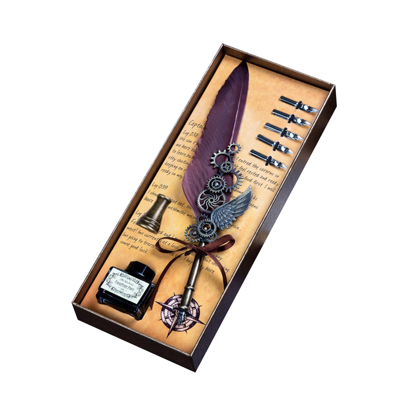 Antique Feather Quill Pen Set with 5 Nibs & Ink - Hand Carved Brass ...