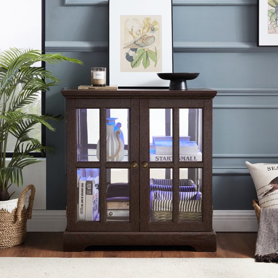 Antique Finish Cabinet With Adjustable Shelves, Led Strip Lighting ...