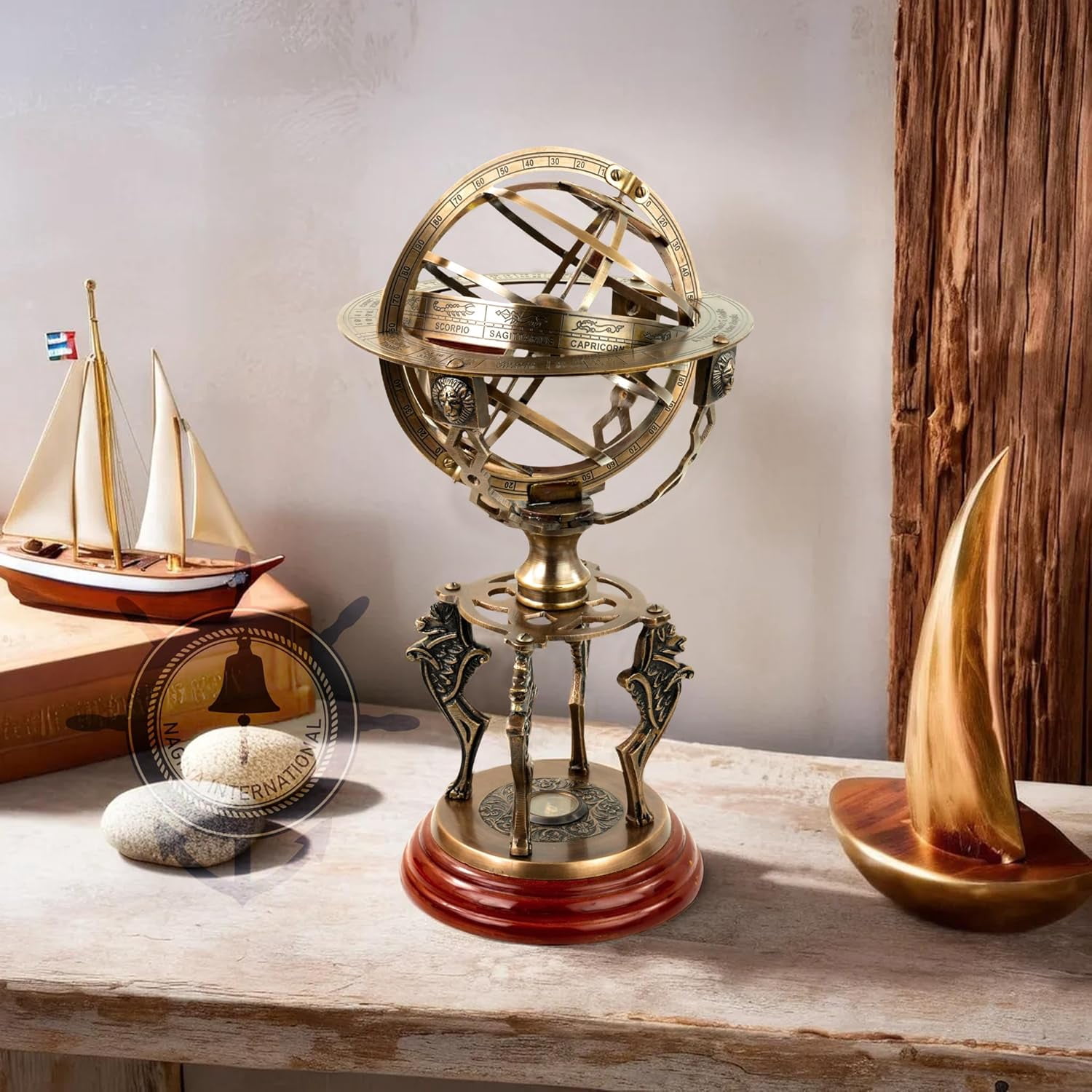 Antique Finish Solid Brass Zodiac Globe Sphere Armillary With Compass ...