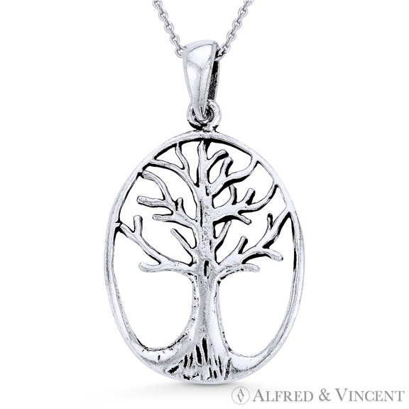 Tree-of-Life Charm Circle Pendant & Chain Necklace in .925 Sterling ...
