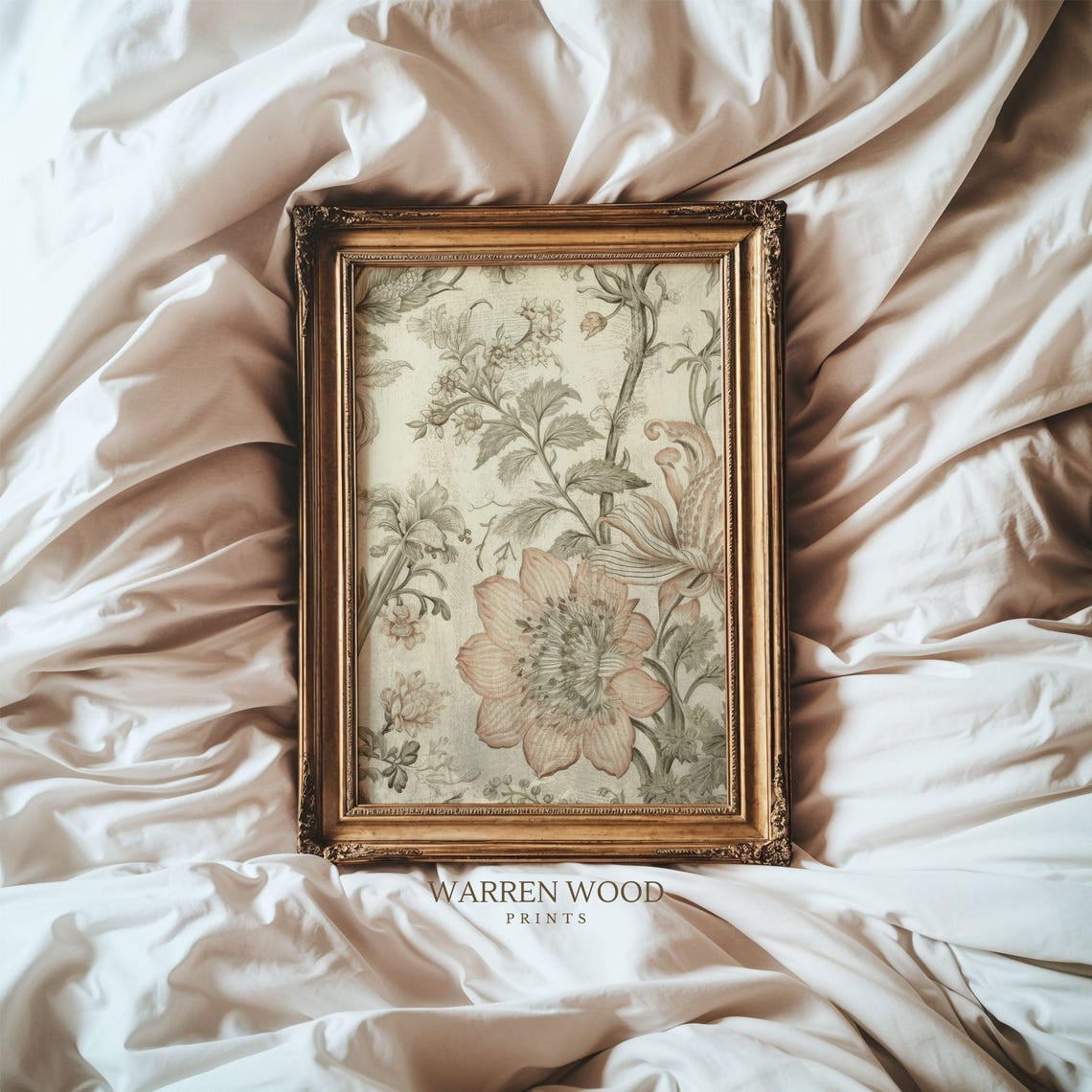 Antique Floral Botanical Print, Washed Sage Yellow Pink Wall Art ...